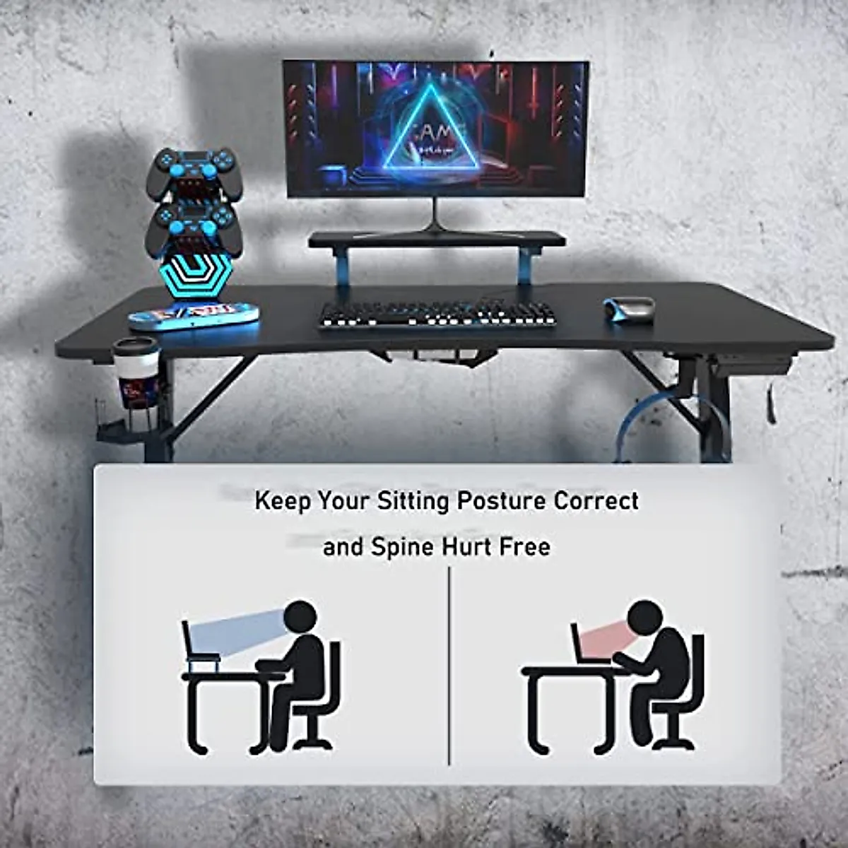 JOY worker RGB Gaming Desk 47 Inch with Led Lights, Music Sync Computer Gamer Desk, Carbon Fiber Surface PC Gaming Desk with Monitor Stand, Ergonomic Z Shaped Gaming Table with Plug Board Holder,Black