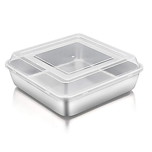 TeamFar Square Cake Pan with Lid (1 Pan & 1 Lid), 8 Inch Square Baking Pan Stainless Steel Cake Brownie Tin For Meal Prep Storage Transporting Food, Healthy & Sturdy, Dishwasher Safe