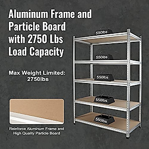 WORKPRO 5-Tier Storage Shelving Unit, 48”W x 24”D x 72”H, Adjustable Storage Rack Heavy Duty Aluminum Alloy Shelf, 2750 lbs Load Capacity (Total), for Garage, Kitchen, Bathroom, Warehouse, W082061