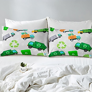 Boys Green Garbage Truck Bed Sheets Set Cartoon Trash Truck Sheet Set for Kids Green Vehicle Car Sheets with Deep Pocket Fitted Sheet Garbage Truck Toy Bedding Set Queen Size With 2 Pillow Case
