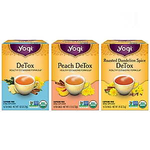 Yogi Tea Herbal DeTox Variety Pack - 16 Tea Bags per Pack (3 Packs) - Organic Detox Tea Sampler - Includes DeTox Tea, Peach DeTox Tea & Roasted Dandelion Spice DeTox Tea - Tea Assortment