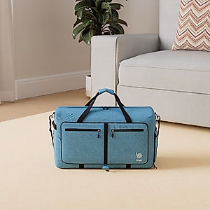 Bago Large Foldable Duffel Bags for Traveling Women & Men - 100L Packable Duffle Bag for Travel with Shoe Compartment - Water Repellant, Heavy Duty, Lightweight Folding & Collapsible (SnowBlue)
