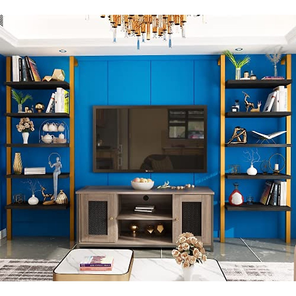 DKLGG 5-Tier Book Shelf Rack Against The Wall, Tall Ladder Shelf Wooden Bookcase Metal Frame Storage Plant and Flower, Single Standing Bookshelf Ladder ​for Living Room, Bedroom, Balcony, Home Office