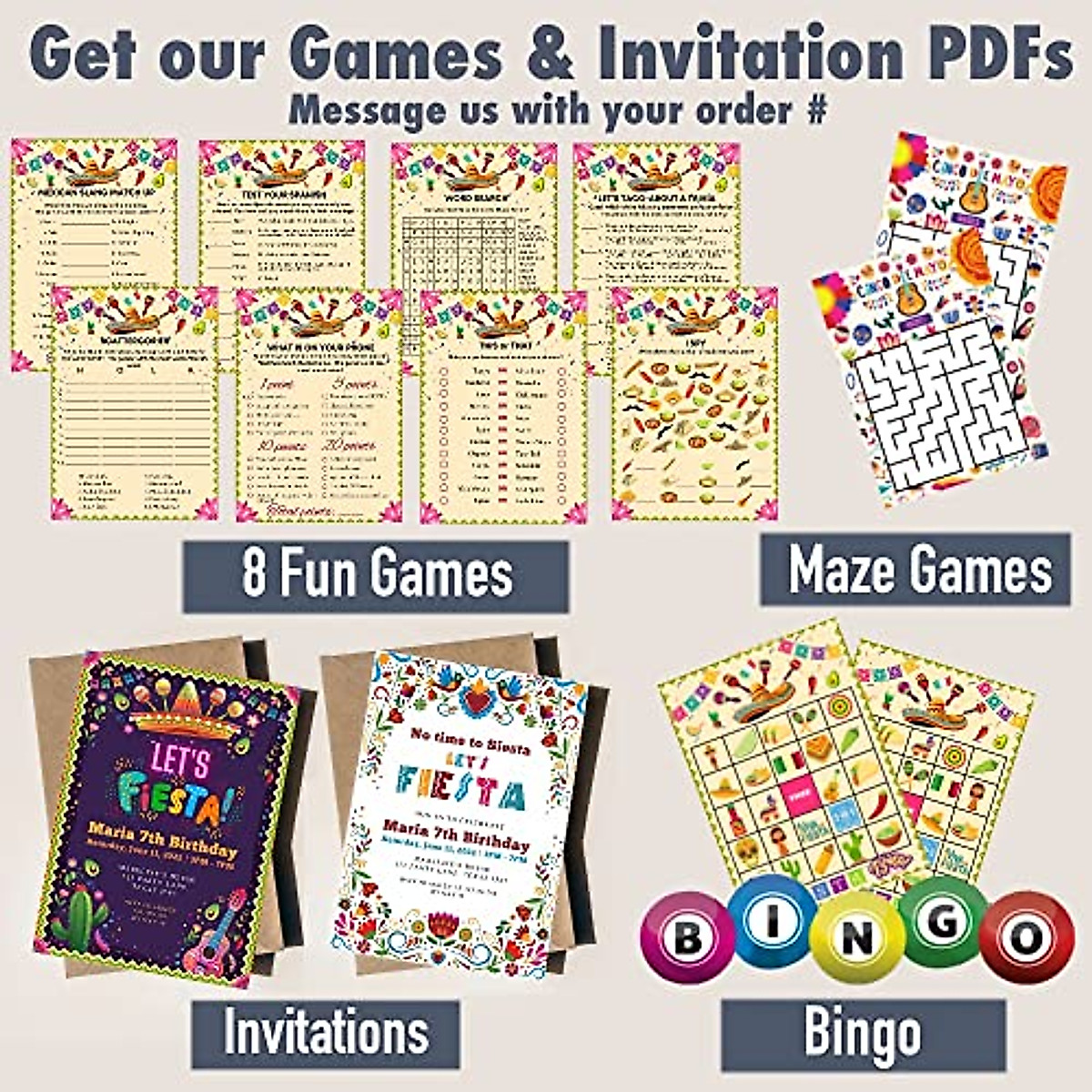 Mexican Fiesta Party Decorations – Cinco De Mayo - 6 Paper Fans, 5 Flowers Pom Poms, Papel Picado, Pennants Garland, PDF Games - Taco Bout Tuesday, Birthday, Engagement Supplies