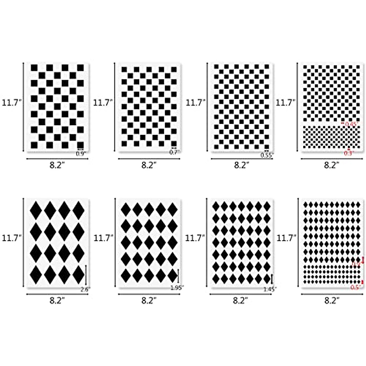 4 Pcs Checkerboard Stencils with 4 Pcs Harlequin Stencils, 8 Pcs Checks & Diamonds Stencils, Repeating Shape Stencils Reusable Mylar Plastic Templates for Painting on Wood Pillows Wall Door A4 Size