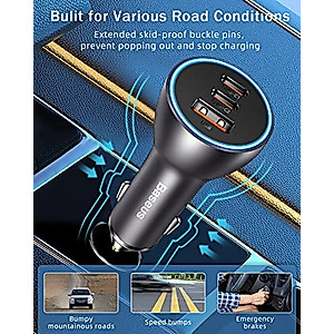 65W USB C Car Charger, Baseus QC3.0 PD3.0 Type C Car Charger, 3 Ports Independent Fast Charging Car Charger Phone Adapter for iPhone 14 13 12 Pro Max XS X, Samsung, iPad Pro/Air, AirPods (Dark Gray)