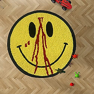 Lotus Atelier 20 in. Smiley Face Rug Fashion | Rugs for Bedroom Teen Room Decor | Hypebeast Rug Smiley Face Bullet Hole | Bathroom Rugs | Aesthetic Home Decor