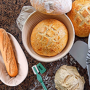 7 Piece Banneton Basket Set: 9 inch Round+ 10x6x4 inch Oval Sourdough Bread Basket | Bread Lame+ Dough Bowl, Bowl Scraper+ Bread Bag | Bread Proofing Basket Sourdough Starter for Making Homemade Bread