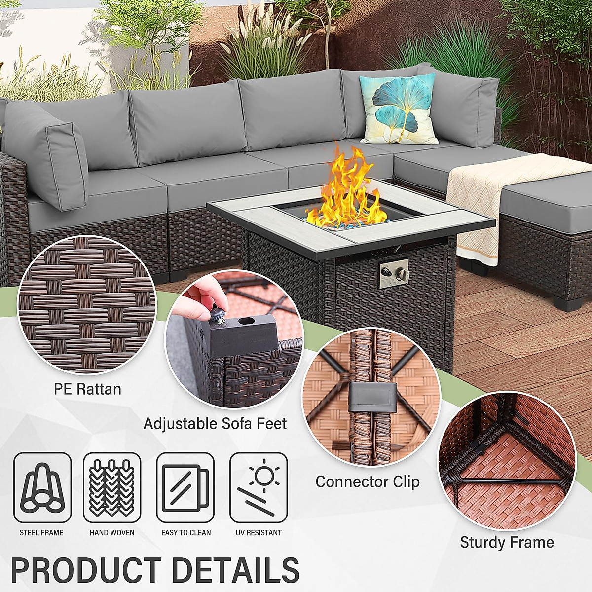 WAROOM Outdoor Patio Furniture Set 7 Pieces Sectional Sofa Brown Rattan Conversation Couch with PE Wicker Propane Fire Pit Table, Non-Slip 5" Thick Grey Cushion and Furniture Cover