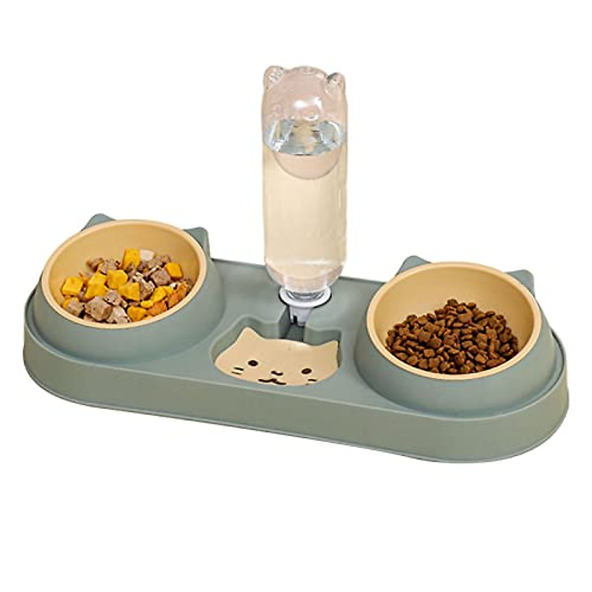Foviza Double Dog Cat Bowls with Water Dispenser Pets Water and Food Bowl Set Tilted Cat Food Dishes with Automatic Waterer Bottle for Small or Medium Size Dogs Cats