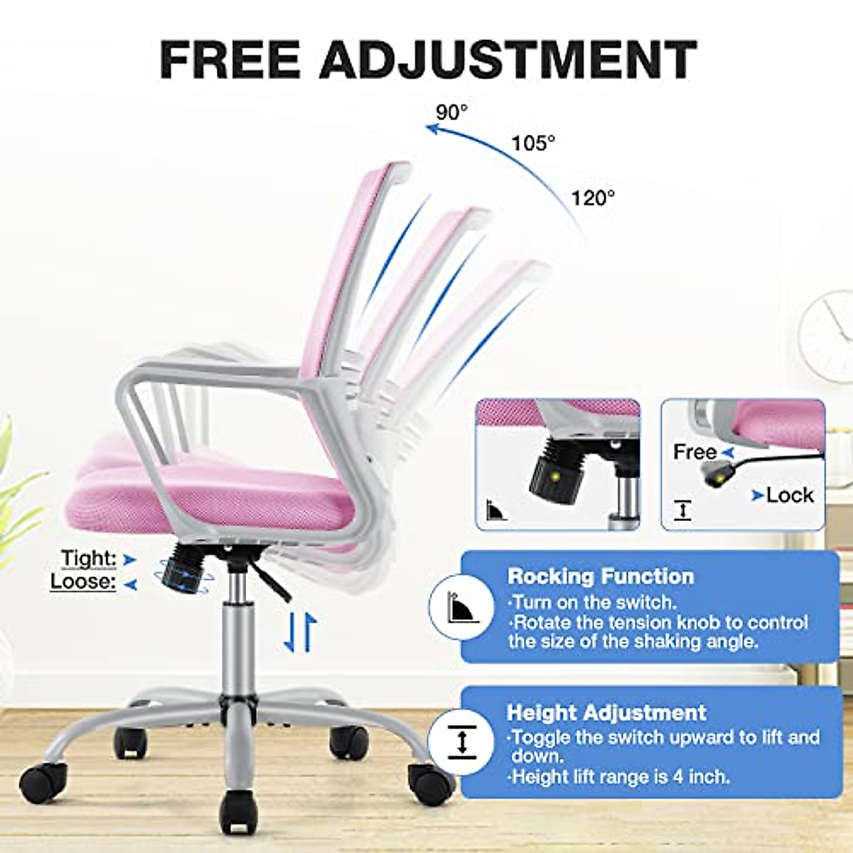 Mesh Modern Office Desk Chair, Mid Back Lumbar Support Padded Seat and Armrest Computer Chair, Adjustable Height Ergonomic Home 360 Degree Swivel Rolling Rocking Mode Breathable Executive Chair, Pink