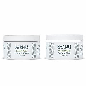 Naples Soap Company Sea Salt Scrub & Body Butter Combo Pack – Natural Skincare Gift Set Includes Exfoliating Body Scrub & Rich Cocoa and Shea Body Butter – Coconut Water, Set of 2, Travel Size 3oz Jars