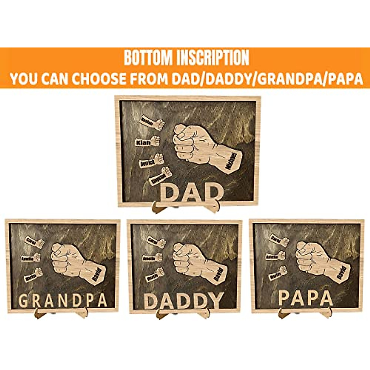 Personalized Fists Fathers Day Wood Sign, Custom Dad Plaque Family Tree Frames Wooden Plaques Decor Engraved Family Names Desk Plaque for Dad、Daddy、Papa、Grandpa from Daughter, Son,Wife - Dad、Grandpa Gifts