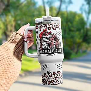 UNILYLY Tumbler 40 Oz With Handle Lid And Straw, Mamasaurus Leopard, Black Print, Mamasaurus Gifts, Keep Drinks Cold Hot, Leopard Print
