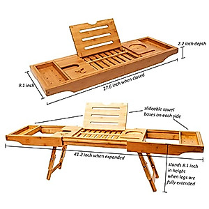 Bamboo Bathtub Tray & Bed Laptop Desk with Foldable Legs, Latest Unique Zen Design Bathtub Caddy, Top Quality Bamboo Bathtub Caddy Tray with Adjustable Legs, Wine Glass & iPad Holder by Bambooware