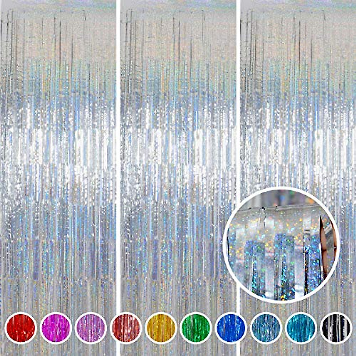 Foil Fringe Curtains Party Decorations - Melsan 3 Pack 3.2 x 8.2 ft Tinsel Curtain Party Photo Backdrop for Birthday Party Baby Shower or Graduation Decorations Silver