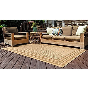 Unique Loom Outdoor Border Collection Area Rug - Multi Border (7' 1" x 10' Rectangle, Tan/ Light Brown)