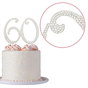 60 Cake Topper - Premium Silver Metal - 60th Birthday or Anniversary Party Sparkly Rhinestone Decoration Makes a Great Centerpiece - Now Protected in a Box