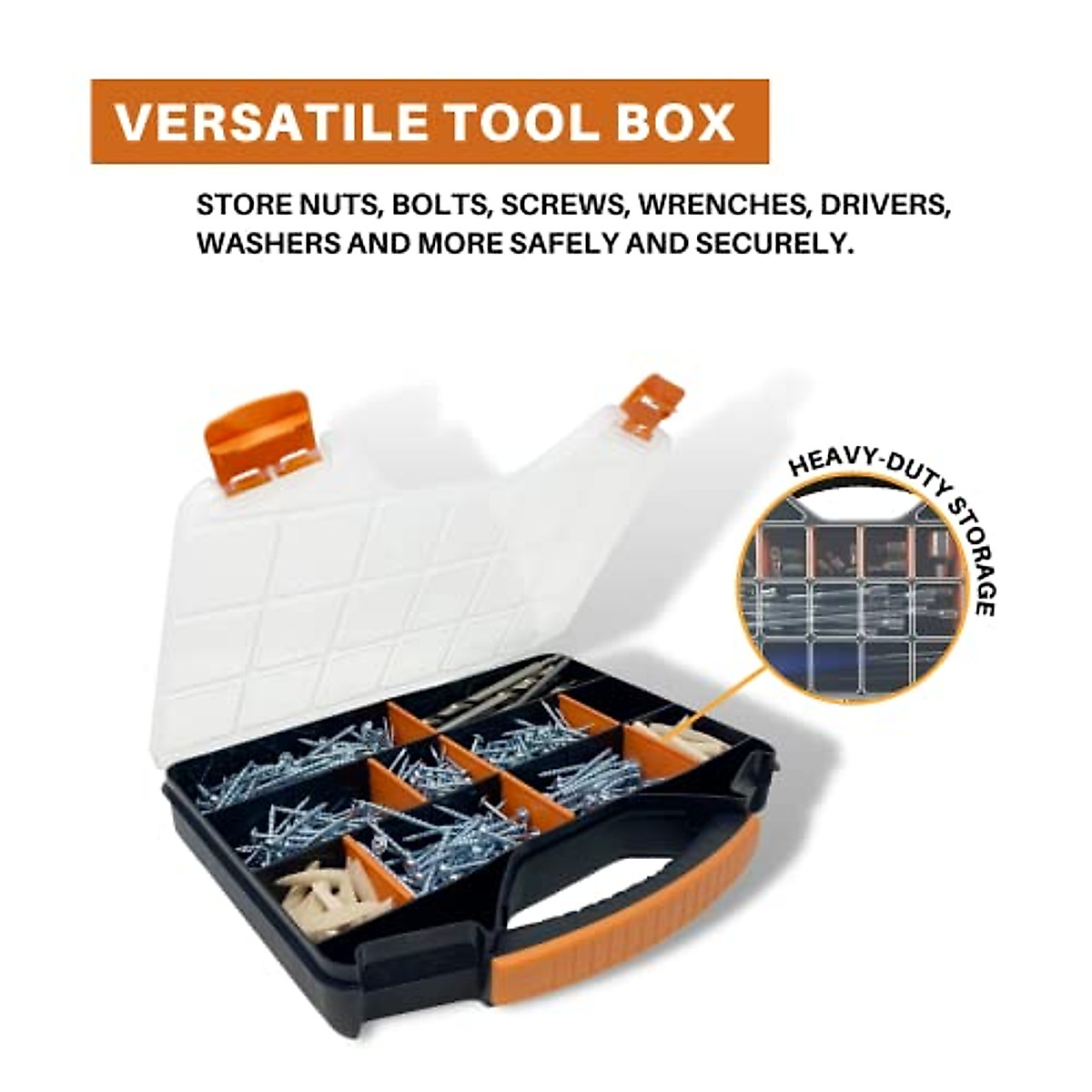 Massca Hardware Organizer box with dividers - 18 Compartments Small Parts Organizer with Accessible Hinged Lid - Durable Plastic Screw Organizer Store Nuts, Bolts, Screws, Nails, and Small Hardware