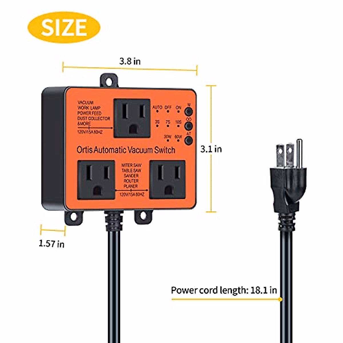 Automatic Vacuum Switch, Ortis Dust Control Autoswitch for More Power Tools, Delay Vacuum On/Off to Prevent Circuit Overload and Tripping, Adjustable Actuation Threshold