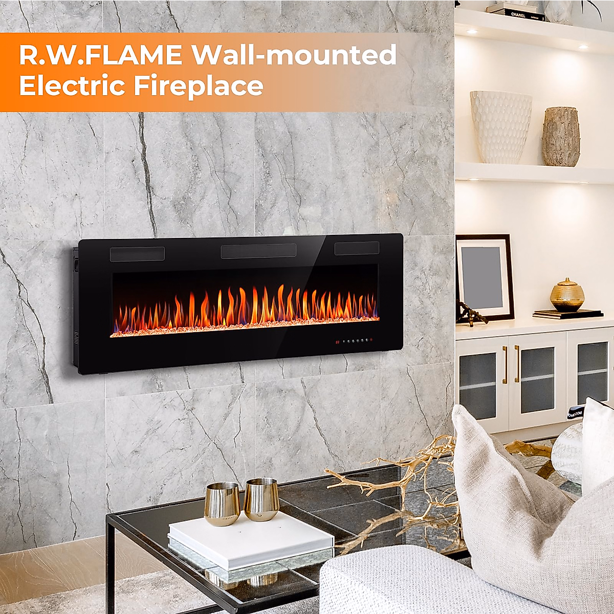 R.W.FLAME 36" Recessed and Wall Mounted Electric Fireplace, 5100BTU Thin Electric Fireplace Heater with Low Noise, Fit for 2 x 4 and 2 x 6 Stud, Remote Control, Adjustable Flame Color and Brightness.