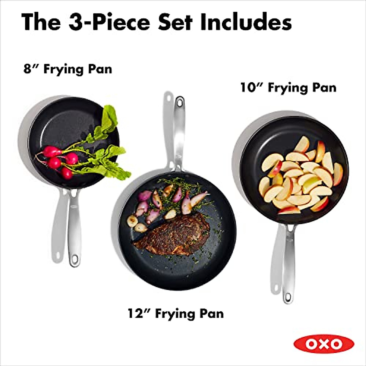 OXO Good Grips Pro, 8" 10" and 12" 3 Piece Frying Pan Skillet Set, 3-Layered German Engineered Nonstick Coating, Stainless Steel Handle, Dishwasher Safe, Oven Safe, Black