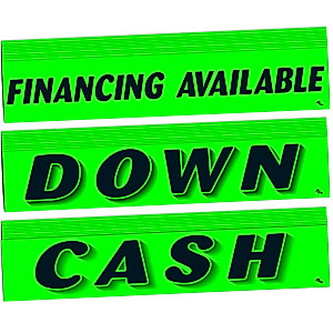 Versa Tags Windshield Slogan Stickers 12 Pack of FINANCING Available Stickers 12 Pack of Down Slogans 12 Pack of Cash Window Stickers (36) Dealership Stickers Black On Green
