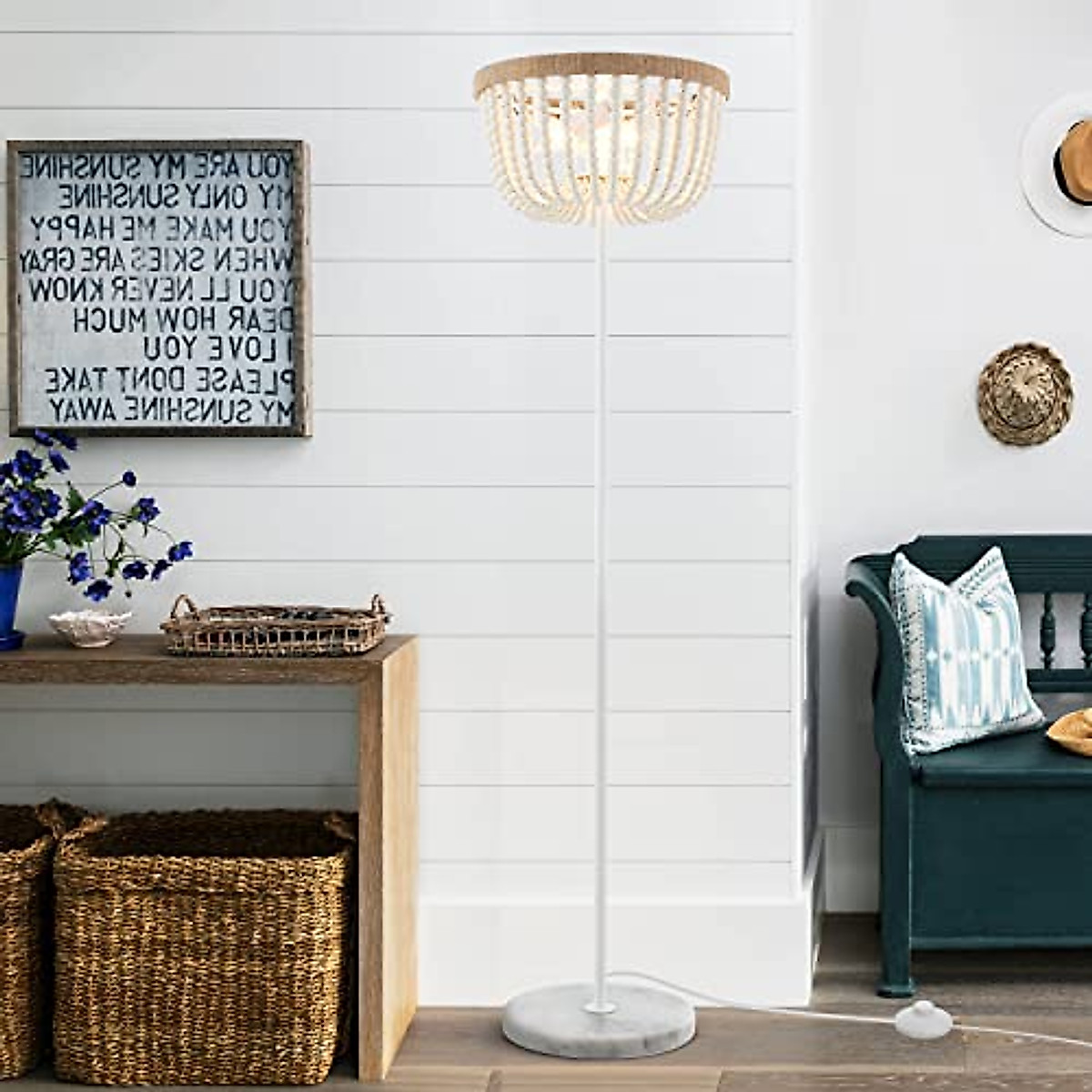 VILUXY Boho Floor Lamp with White Wood Beaded Shade for Bedroom, Living Room, Girl Room 3-Light