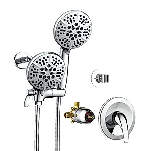Astomi 63-Setting Dual Shower Head Faucet Set, 2 in 1 High Pressure Rain Shower Head with 7 Functions Handheld Spray, Chrome 3-Way Diverter Shower System Include Brass Valve and Trim Kit