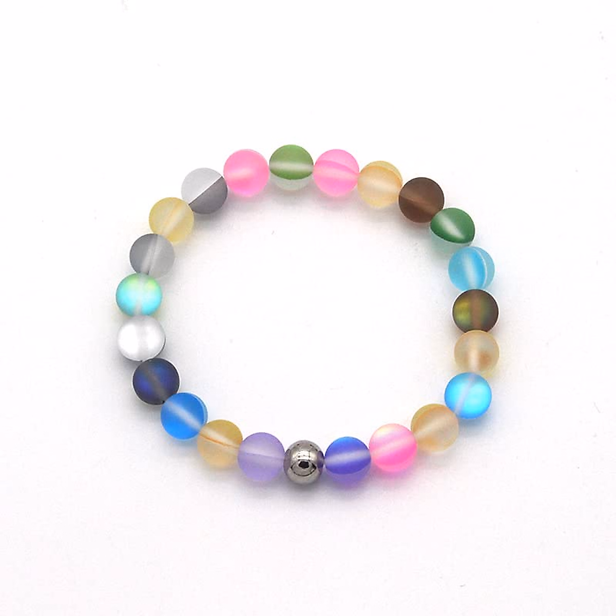 FORUBUS Mystic Mermaid Beaded Stretch Bracelet, Mermaid Glass Beads Shimmer Moonstone Strand Bracelet, 8mm Frosted Beads Bracelet for Women Vacation Jewelry (Colorful)