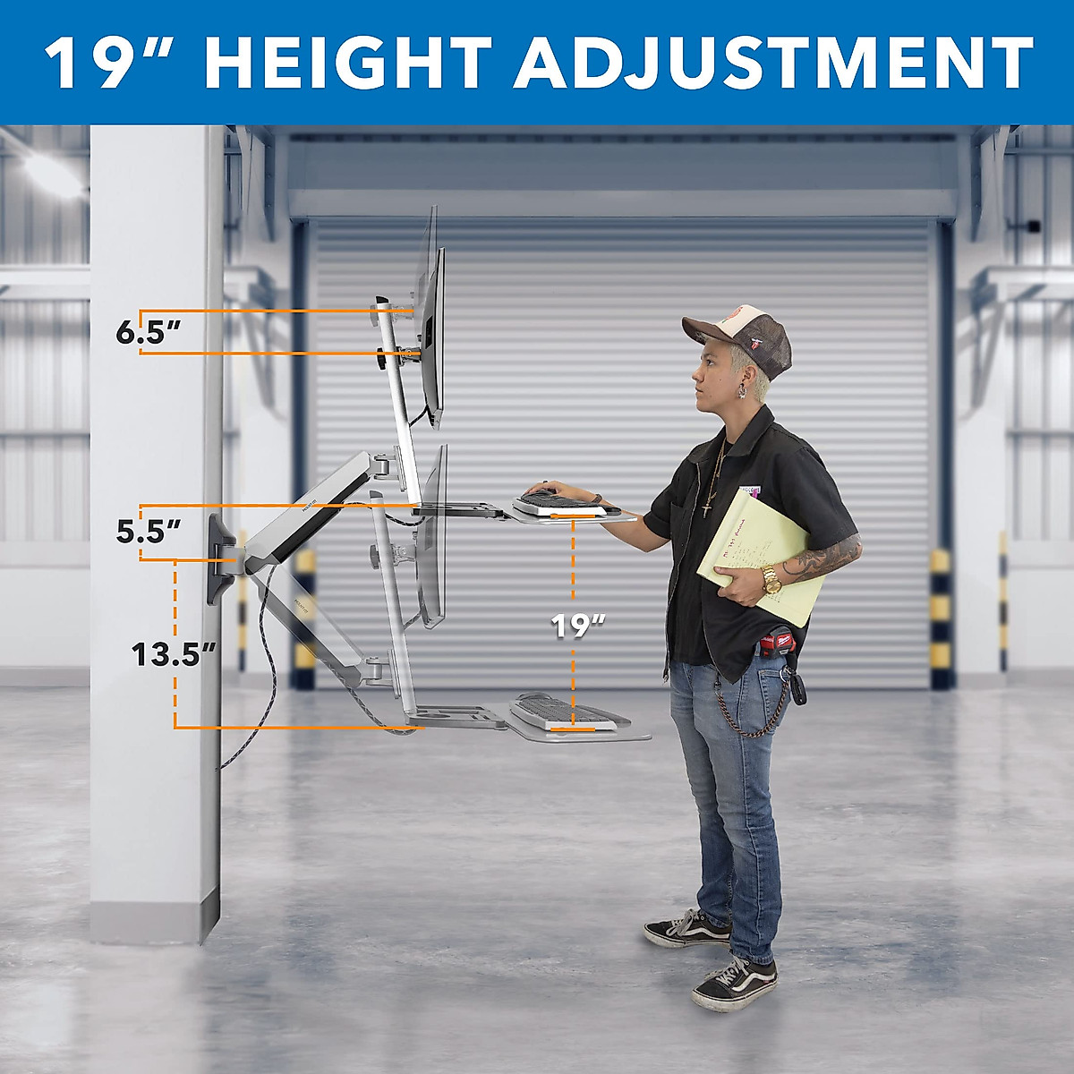 Mount-It! Sit Stand Wall Mount Workstation | Adjustable Height Stand Up Computer Station with Articulating Monitor Mount, Keyboard Tray, & CPU Holder | VESA Mount 75x75 and 100x100 | MI-7905