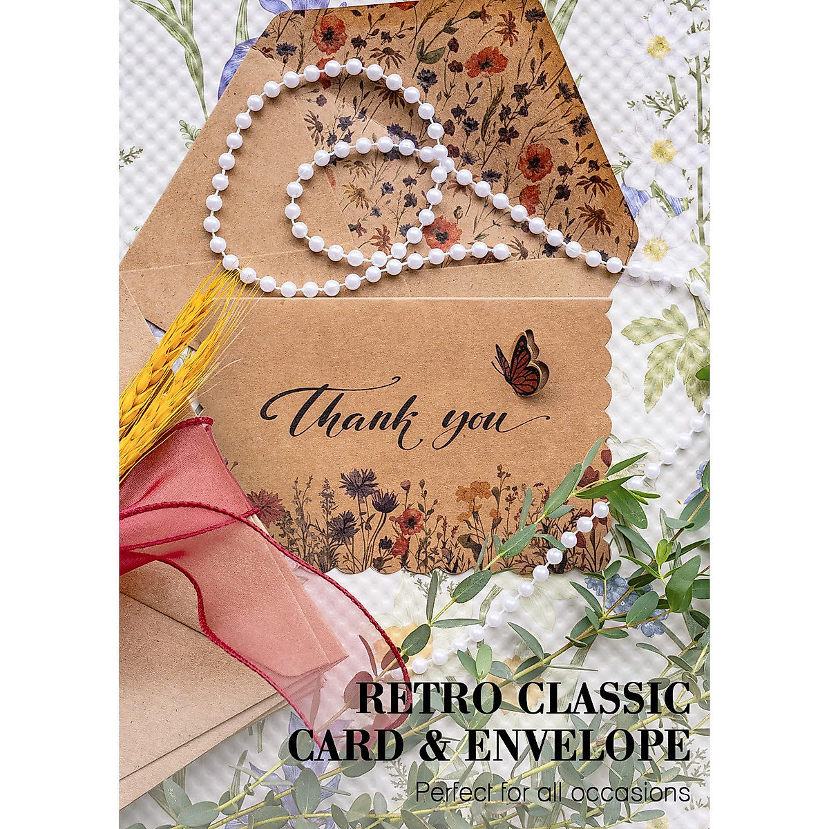 AZAZA Floral Thank You Cards with Envelopes 24 PK, Wedding Thank You Cards Unique Floral Design, 4x6 Wildflower Thank You Notes for Baby Shower, Bridal Shower, Sympathy (Kraft Butterfly)