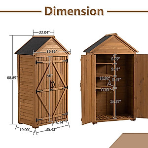 Outdoor Wooden Storage Cabinet, Garden Wood Tool Shed, Outside Wooden Shed Closet with 3 Detachable Shelves, Waterproof Roof, and Latch for Yard Patio Lawn Deck (Natural)