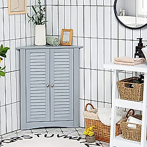 Tangkula Bathroom Corner Cabinet, Corner Storage Cabinet with Double Shutter Doors & Adjustable Shelf, Freestanding Floor Cabinet for Bathroom Living Room Kitchen, 13 x 25.5 x 31.5 Inch (Grey)