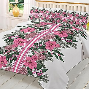 3 Pieces Duvet Cover Set Pink Poinsettia Flower Berries Green Leaf Christmas Bedding Set Queen Size Cozy Comforter Cover with Zipper Closure and Corner Ties,1 Duvet Cover and 2 Pillow Shams