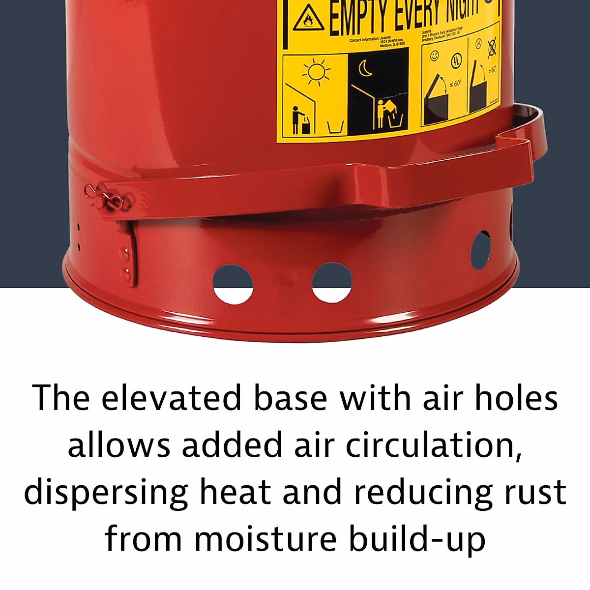 Justrite 10 Gallon Galvanized Steel Oily Waste Can, 18" x 14" Metal Oil Rag Safety Can With Foot Operated Self-Closing Lid for Oil Rag Disposal, Made in the USA, Red, 09300