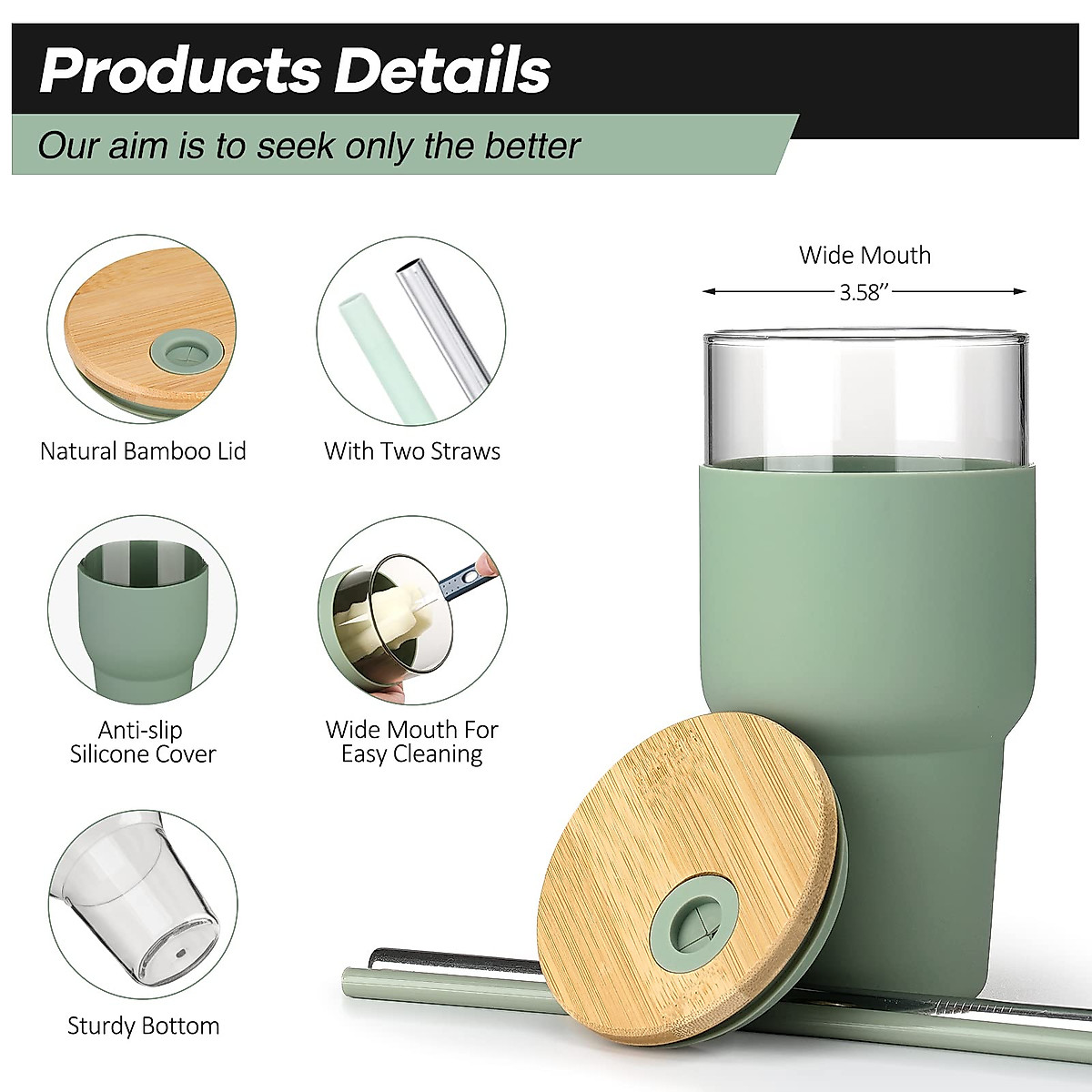 kytffu Tumbler with Lid and Straw, 24 oz Glass Tumbler Fits Cup Holder, Smoothie Cup Iced Coffee Tumbler for Bubble Tea, Water, Juice, With Silicone Sleeve Straw Cleaning Brush, Olive