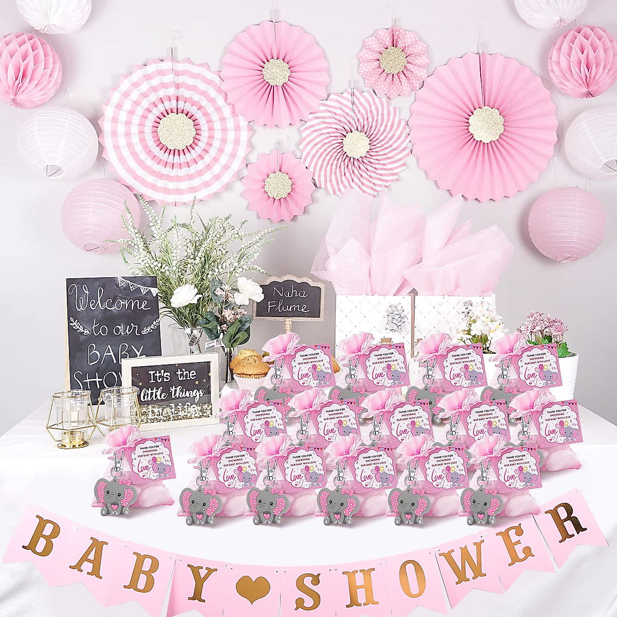 HozHoy 40 Sets Baby Shower Favors for Girls, Guests Gifts Including Elephant Keychains Decorations, Drawstring Bags, Thank You Cards for Baby Shower Party