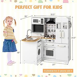 HONEY JOY Corner Kids Kitchen Playset, Little Chef Wooden Play Kitchen for Toddlers, Microwave, Refrigerator, Water Dispenser, Range Hood, Cookware, Pretend Play Toy Kitchen Set w/Lights and Sounds