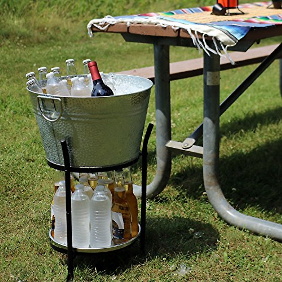 Sunnydaze Ice Bucket Drink Cooler with Stand and Tray - Pebbled Galvanized Steel - Holds Beer, Wine, Champagne and More