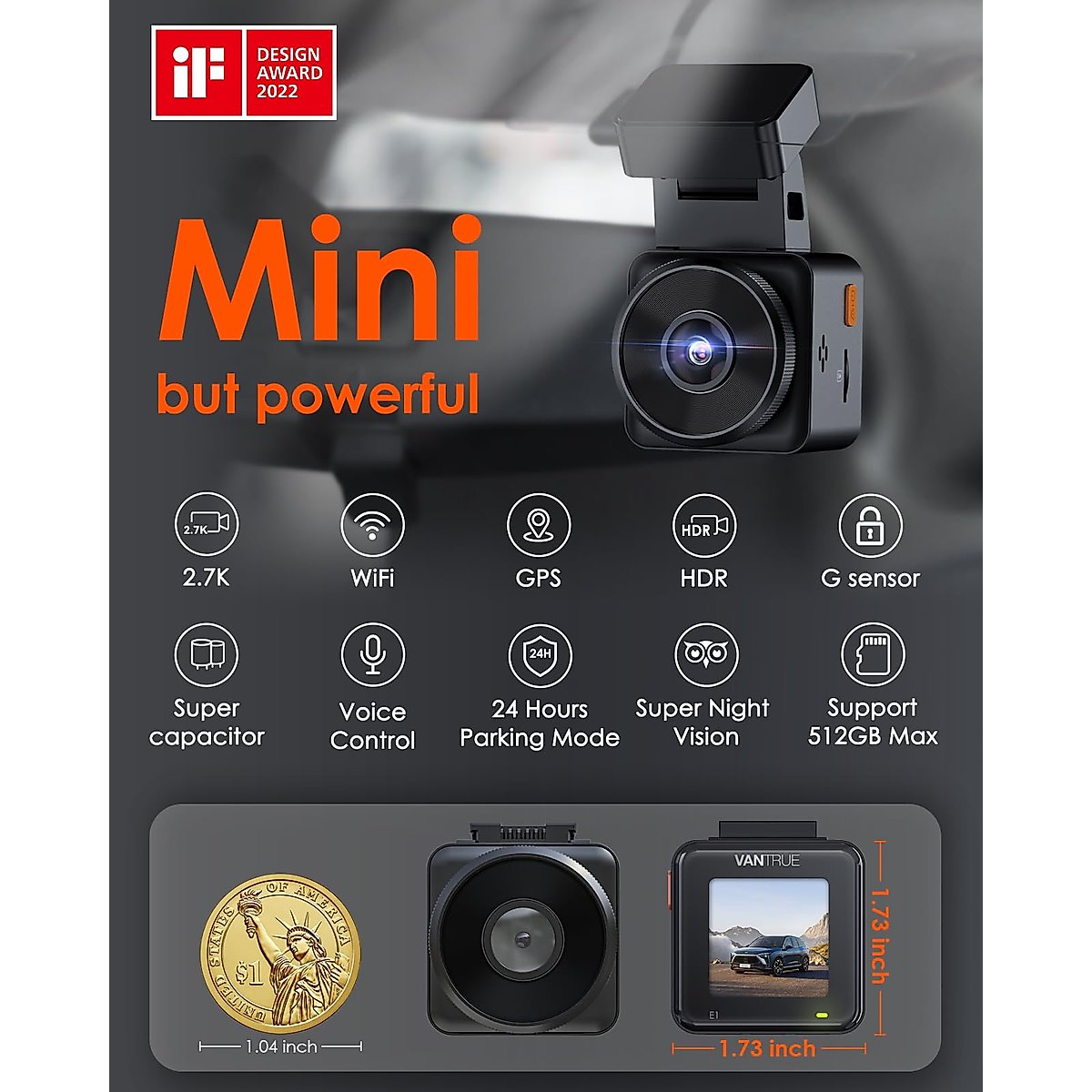 【Bundle: Vantrue E1 Mini GPS Dash Camera+ Type C USB Hardwire Kit】2.7K WiFi Mini Dash Cam with GPS and Speed, Voice Control Front Car Dash Camera, 24 Hours Parking Mode, Night Vision,Motion Detection