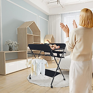 RedSwing Portable Baby Changing Table, Adjustable Height Diaper Changing Station with Wheels, Folding Changing Table with Safety Belt and Large Storage Rack for Newborn Baby and Infant, Black