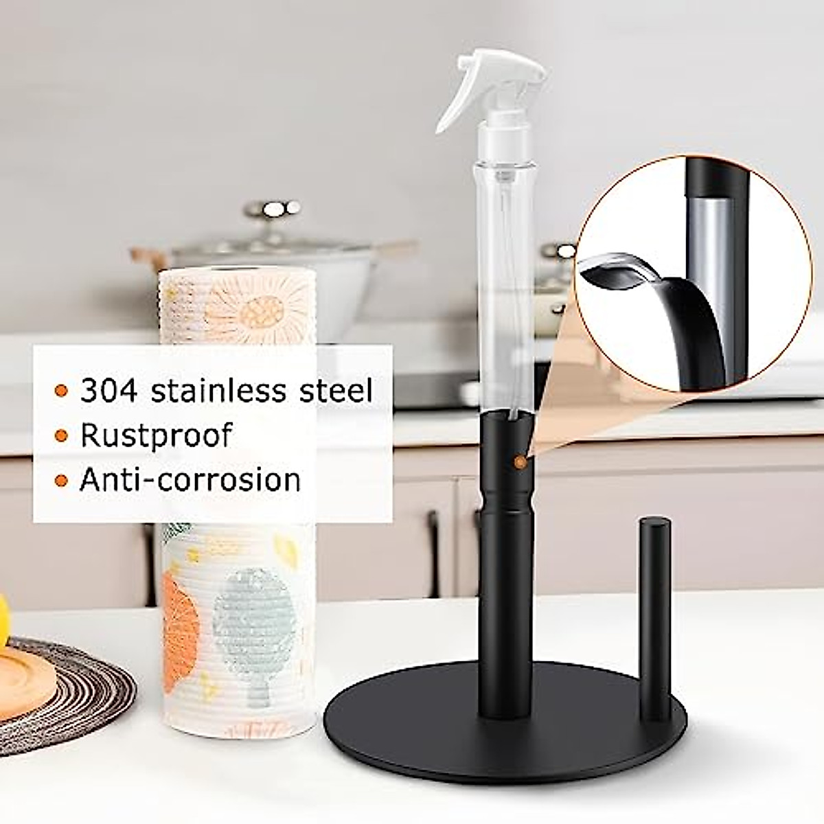 Paper Towel Holder with Spray Bottle, Stainless Steel Countertop Paper Towel Holder, Standing Paper Towel Roll Holder for Kitchen Bathroom, Non Slip Paper Towel Roll Holder