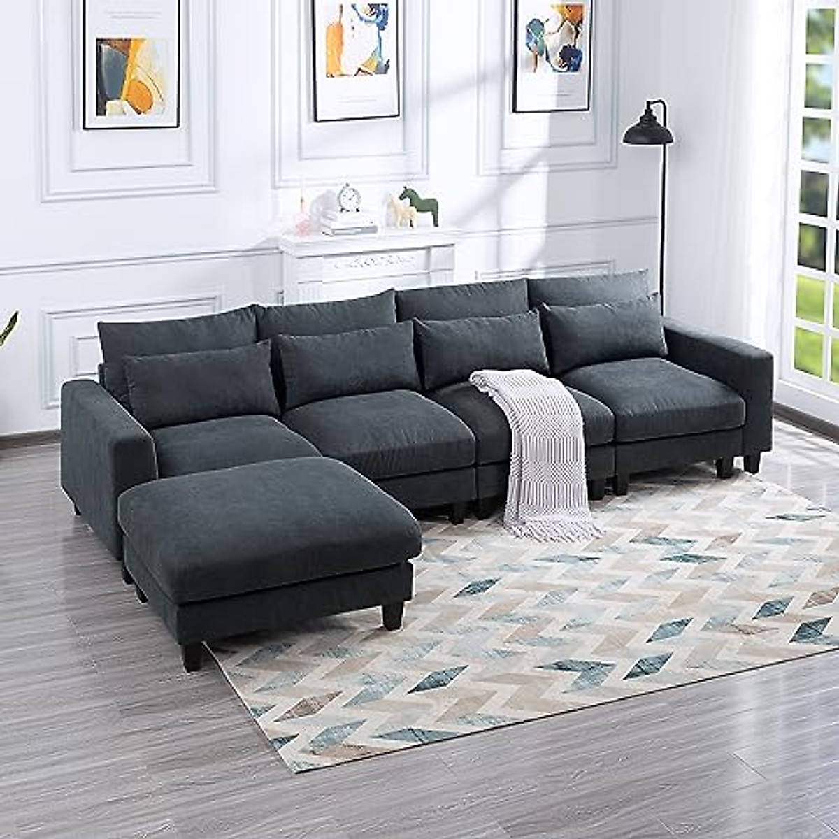 Lepfun Oversized Fabric Set, Extra Large L Shaped Reversible Chaise Sectional Couch, 124.4” Width, 4 Seat Modular Sofa with Storage Ottaman, Dark Grey