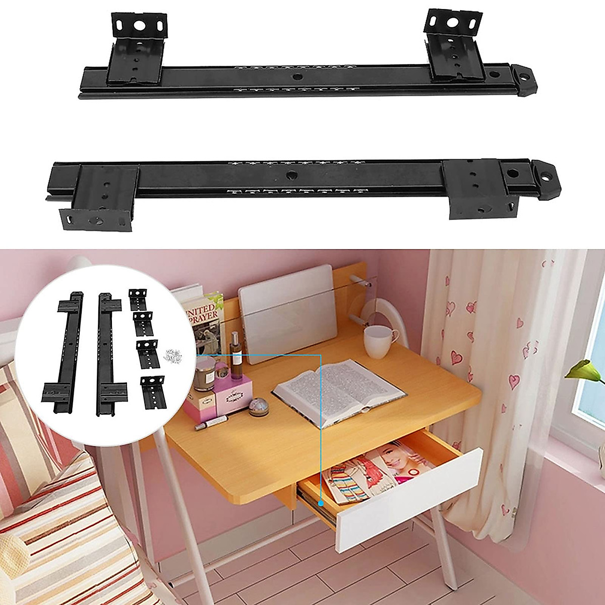 2Pcs Keyboard Slide, 14in Keyboard Drawer Slides Tray, Thickened Steel Desk Slide Computer Keyboard Rail Bracket, Ball Bearing Slides for Keyboard Tray