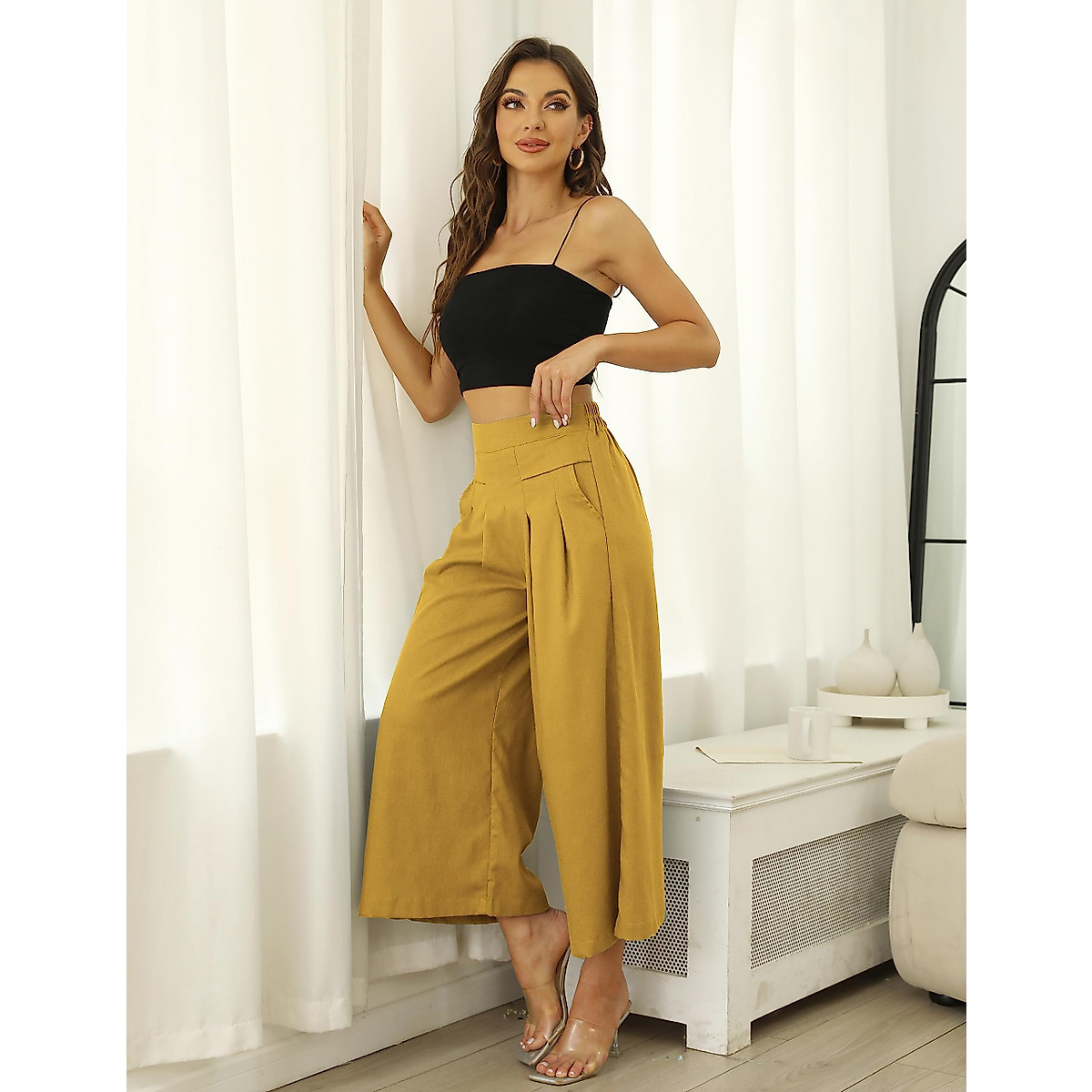 Bianstore Women's Culottes Linen Cropped Wide Leg Pants Elastic Waist Casual Palazzo Trousers with Pockets (Yellow-XL)