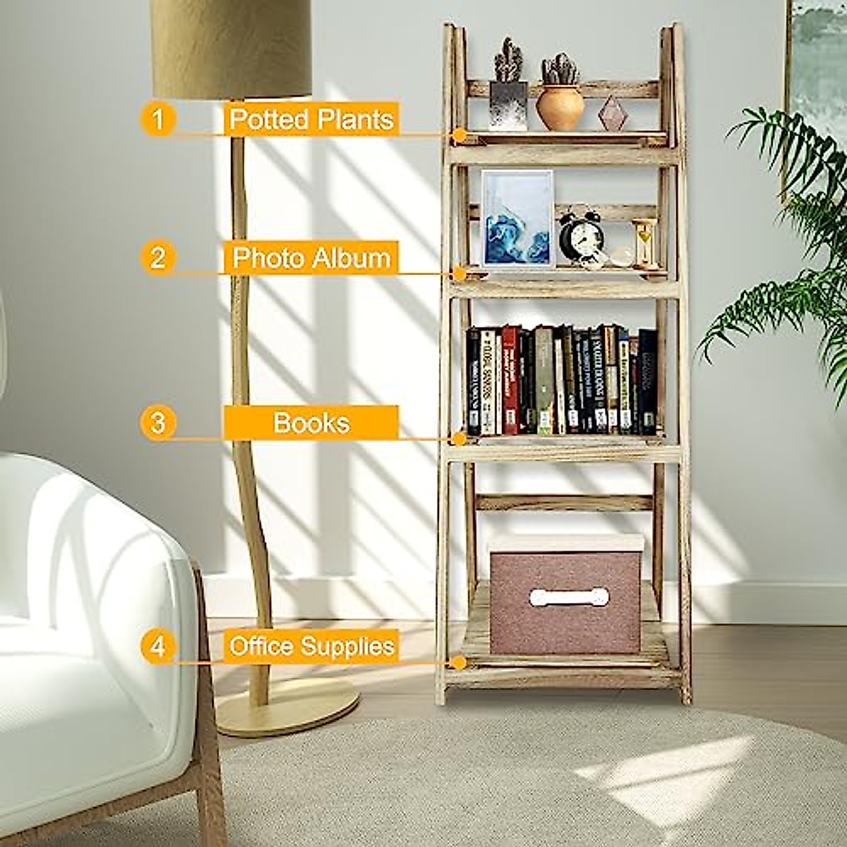 Babion Wood Ladder Shelf, 4-Tier Foldable Plant Shelf, Rustic Brown Indoor Plant Stand, Storage Rack Plant Stand for Home, Bedroom, Bathroom, Office, Industrial Style, Wooden Frame