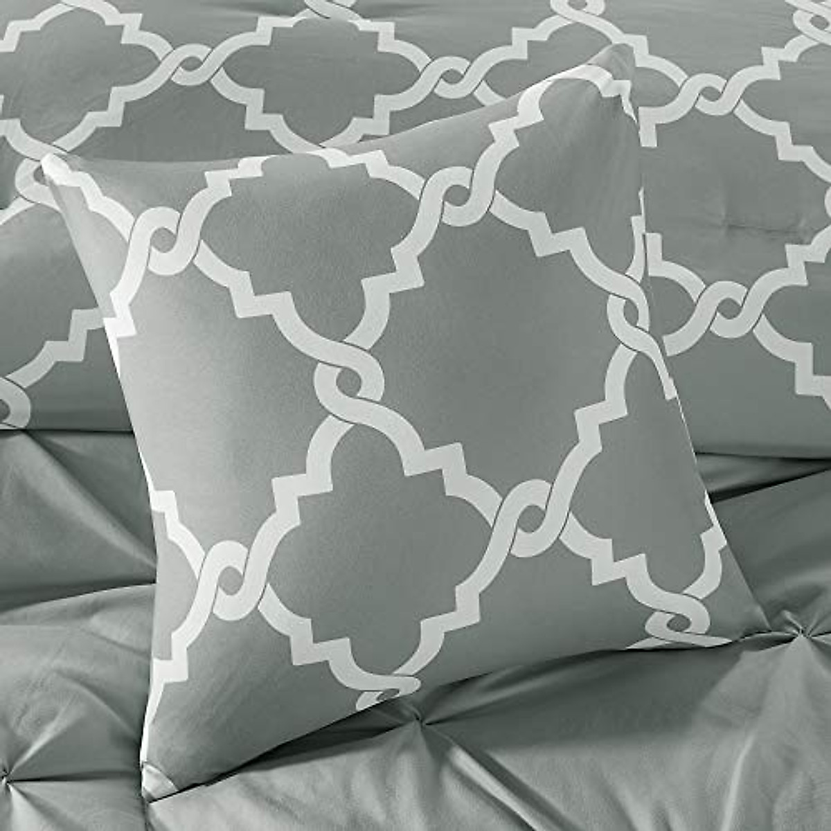 Madison Park Essentials Kasey Cozy Comforter Set - Fretwork Design, All Season Bedding with Matching Shams, Decorative Pillow, Queen (90in x 90 in), Diamond Grey Comforter 5 Piece