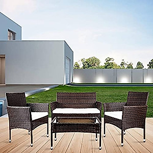 NC 4 PCS Outdoor Garden Rattan Patio Furniture Set Backyard Cushioned Seat Wicker Sofa Kit Brown