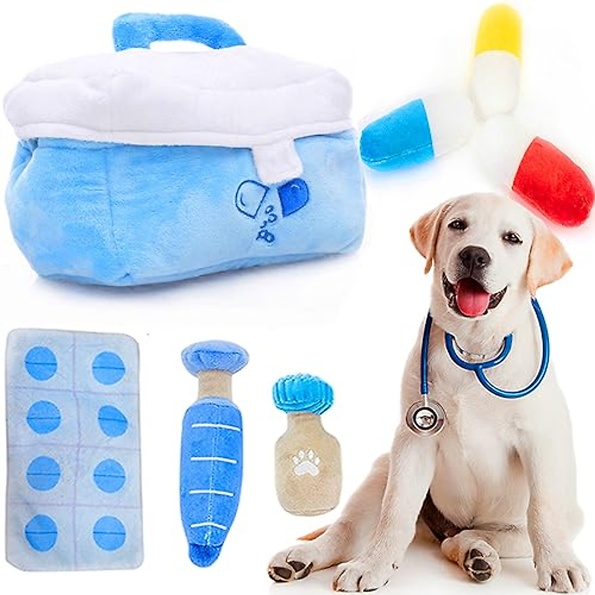 wowmolly Medicine Box Design Plush Chew Dog Toys Including Syringe 3 Pills Tablet Pill Potion Bottle Squeaky Interactive Custom Stuff Pet Toy for Small, Medium Dogs